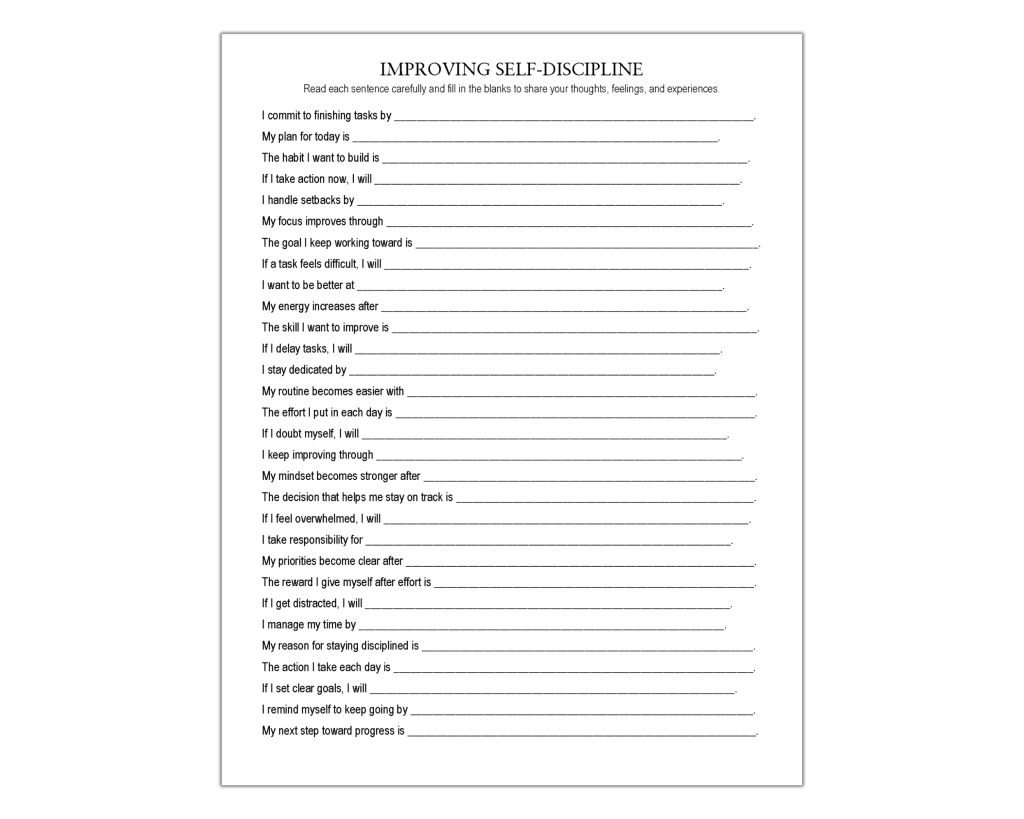 Improving Self Discipline Worksheet, Productivity, Goal Setting, Growth ...