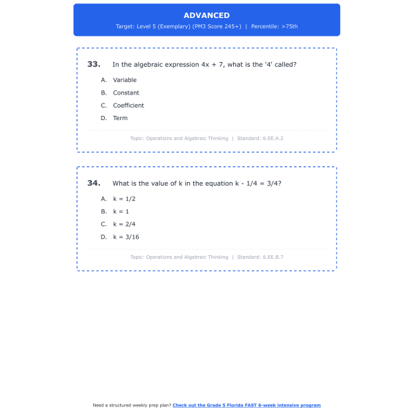 [Grade 5] Florida FAST Math Test Simulation | All 4 Levels (PM3 Score ...