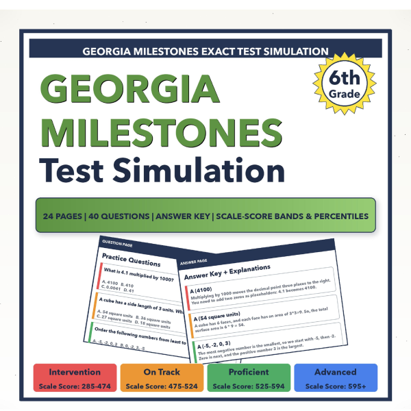 [Grade 6] Georgia Milestones Math Test Simulation | All 4 Levels (285 ...