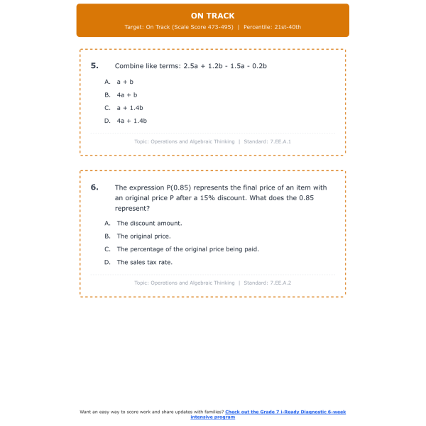 [Grade 7] i-Ready Diagnostic Math Test Simulation | All 4 Levels (441 ...