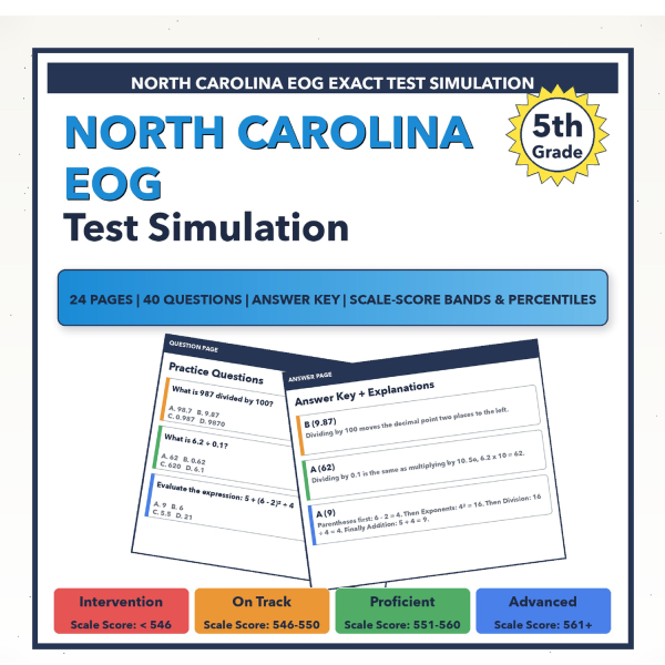 [Grade 5] North Carolina EOG Math Test Simulation | All 4 Levels (546 ...