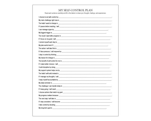 My Self Control Plan Worksheet, Impulse Control, Urge Surfing ...