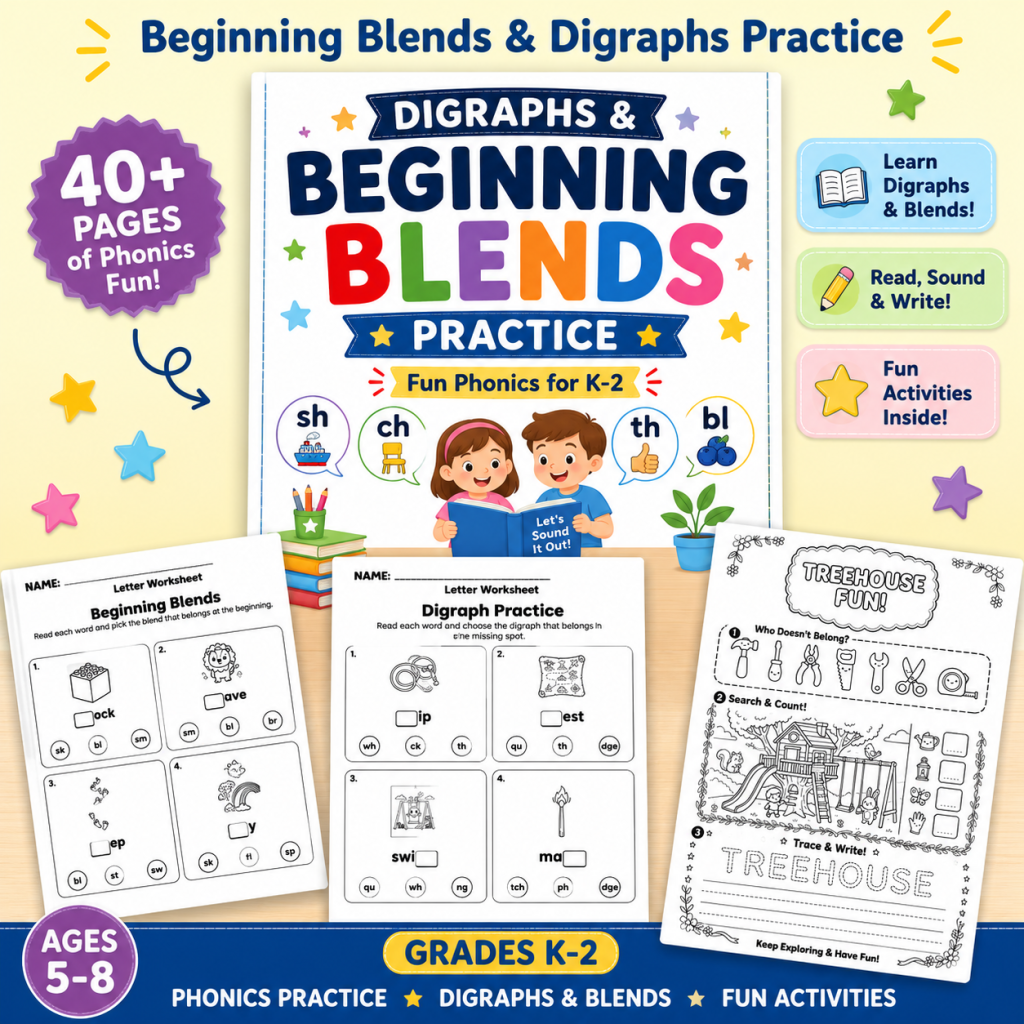 Digraphs and Beginning Blends Worksheets for K–2 Phonics Practice and ...