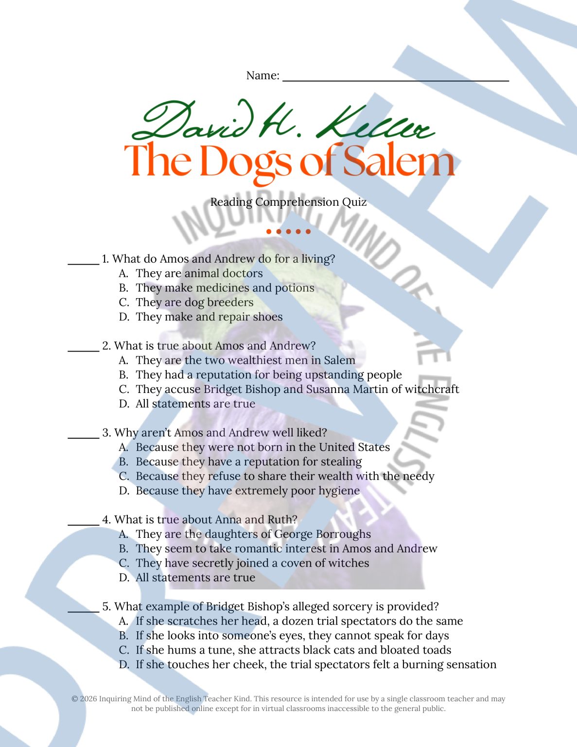 "Dogs of Salem" by David Keller Gothic Fiction Activities | Witch ...