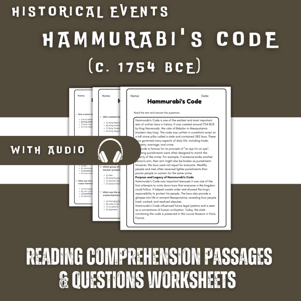 Hammurabi's Code Reading Comprehension Worksheet with Questions and ...