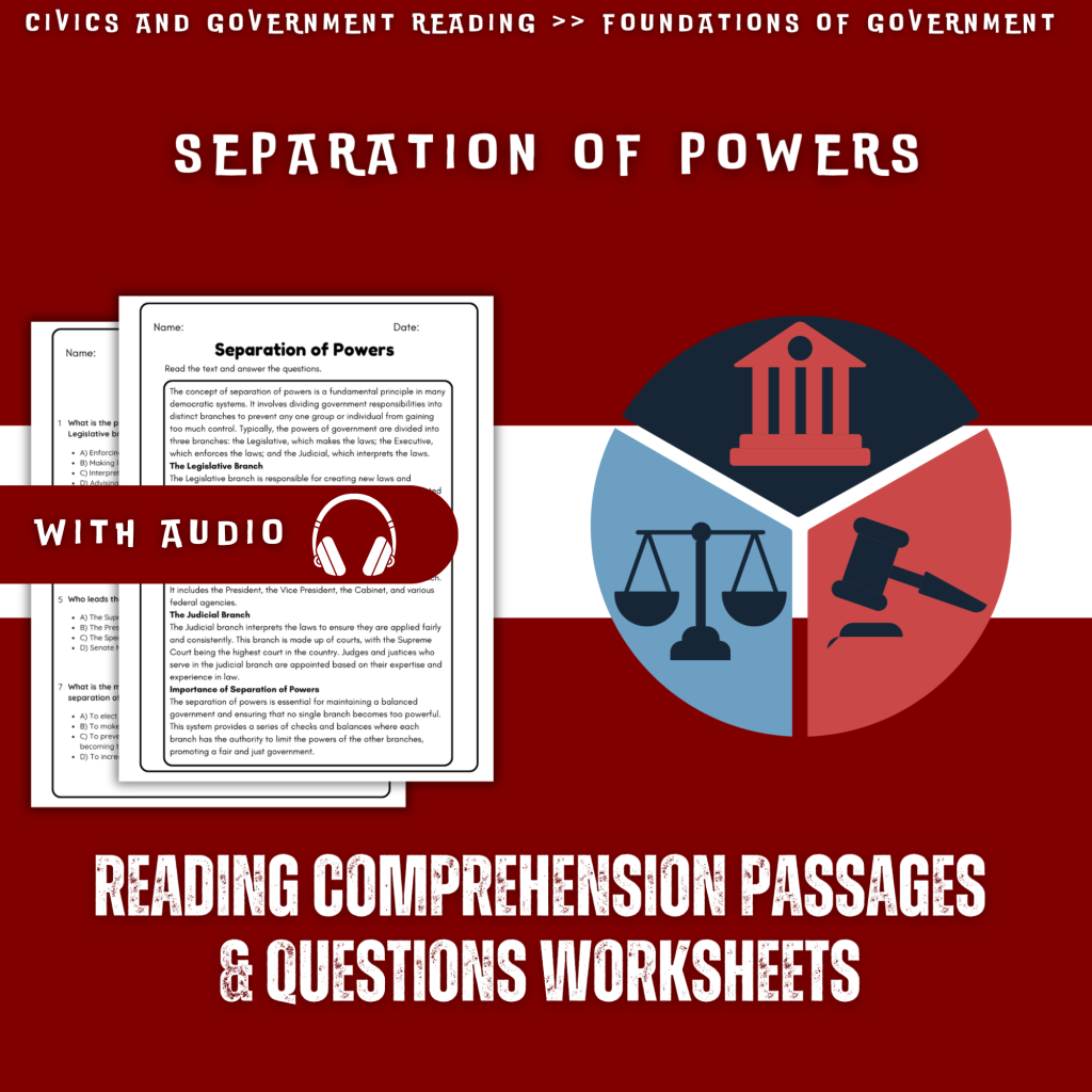 Separation of Powers Reading Comprehension Worksheet with Questions and ...