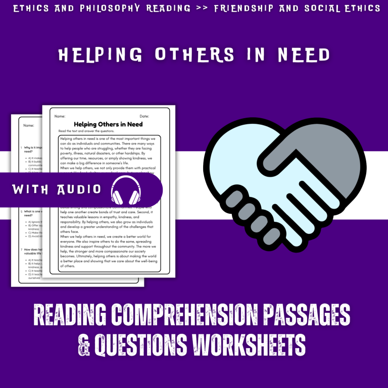 Helping Others in Need Reading Comprehension Worksheet with Questions ...