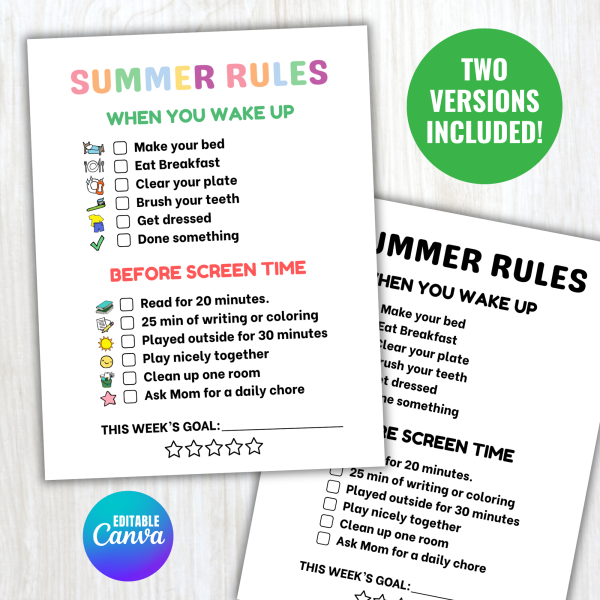 Summer Chore Chart Rules Summertime Screen Time Checklist Routine For ...