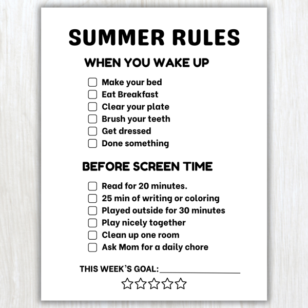 Summer Chore Chart Rules Summertime Screen Time Checklist Routine For ...